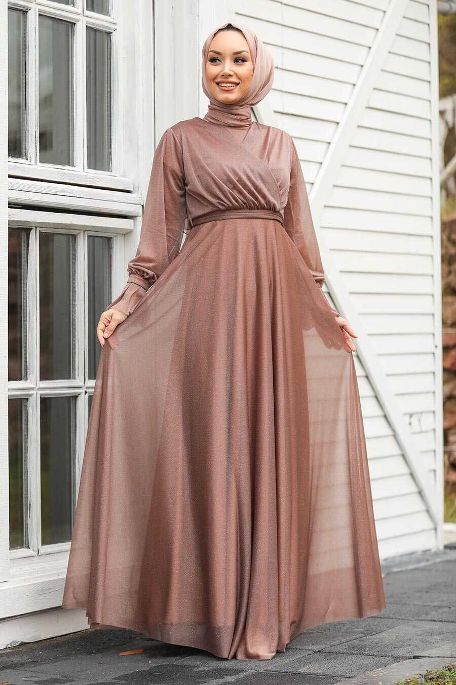 Mink Color Hijab Evening Dress 22202V - Neva-style.com